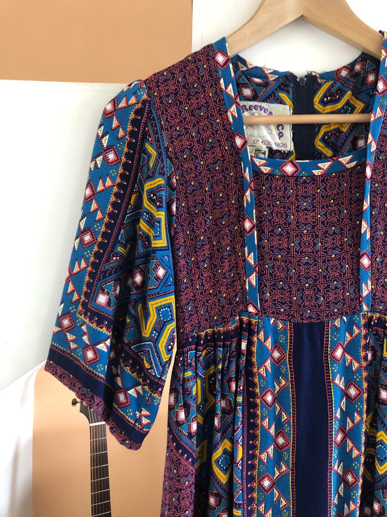 1970s Ann Reeves and Co London Boho Printed Dress, Square Neckline, XS ...