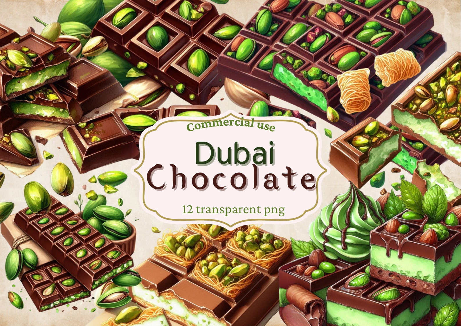 Dubai Chocolate Pistachio Kadaifi Clipart Bundle (digital Download) - Etsy