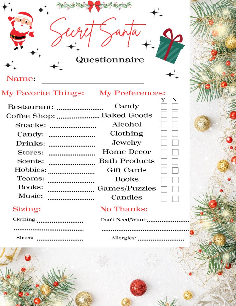 Secret Santa Questionnaire Printable | Downloadable | Instant Download ...