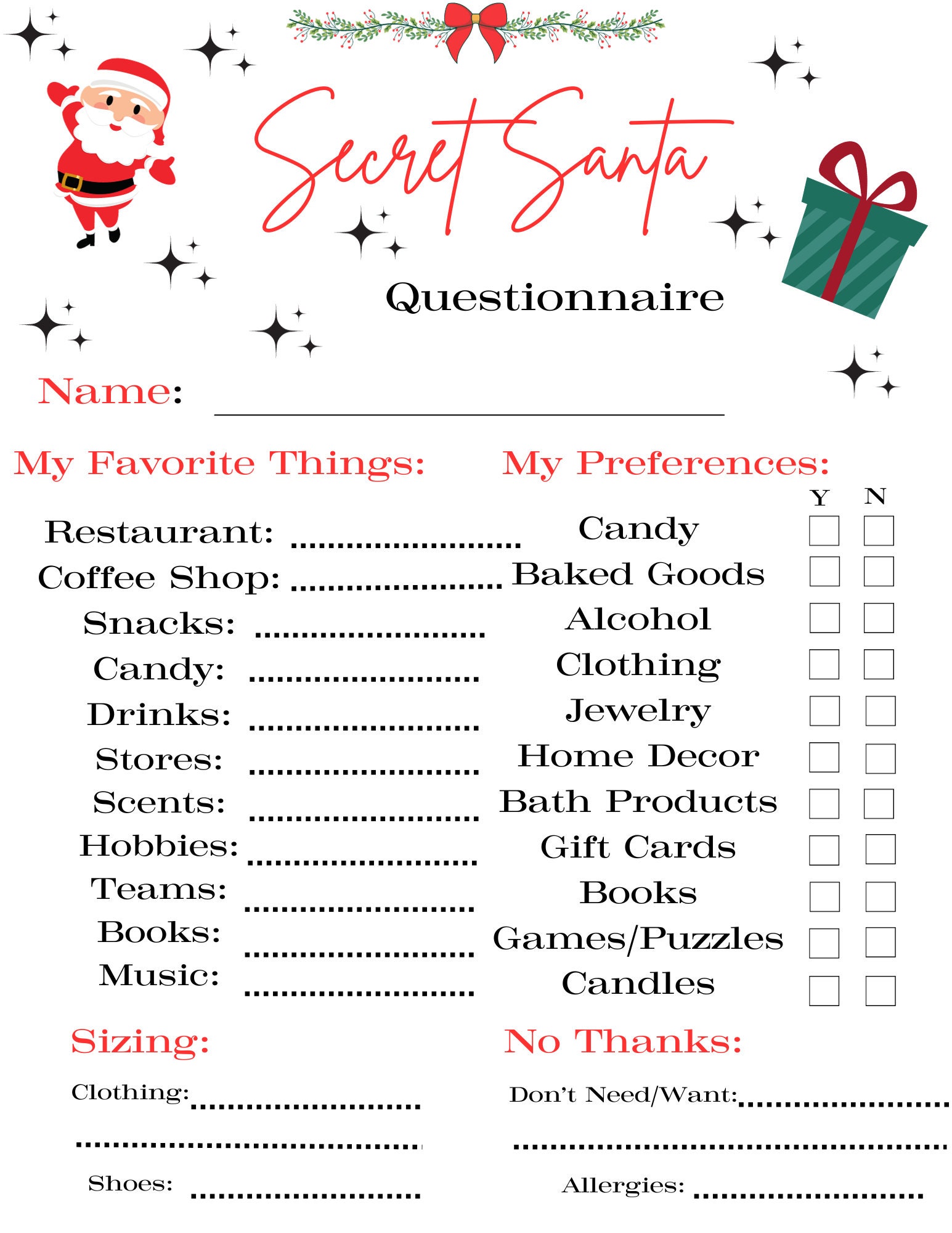 Secret Santa Questionnaire Printable | Downloadable | Instant Download ...