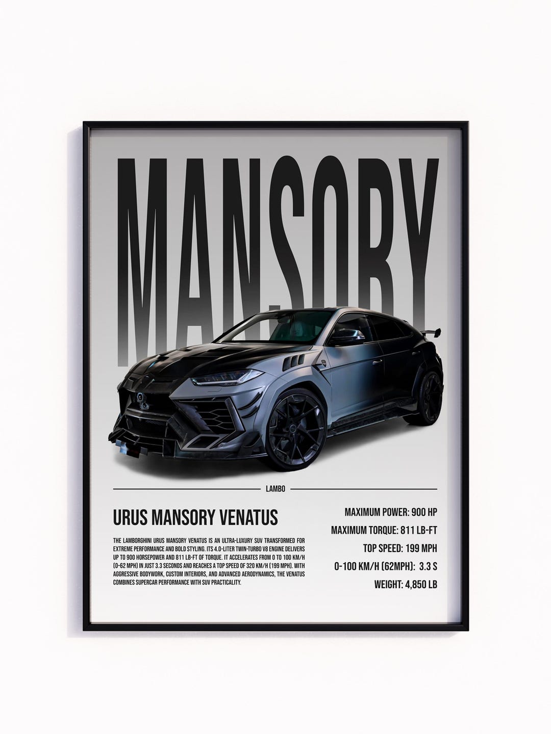Lamborghini Urus Mansory Venatus Poster Car Print, Digital Download ...