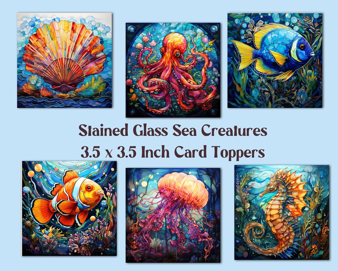 Six Stained Glass Sea Creatures Card Toppers 3.5 X 3.5 Inch Square for ...