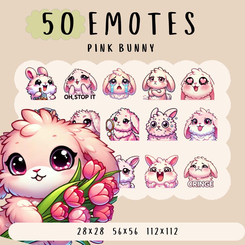 Cute Kawaii Bunny Emote Bundle Twitch, Youtube, Discord Emotes, Pink ...