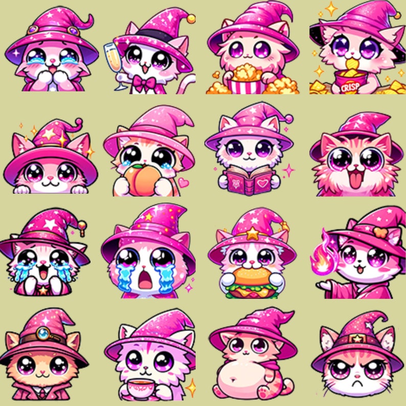 Cute Kawaii Pink Witch Cat Emotes Bundle Twitch Youtube, Discord Emotes ...