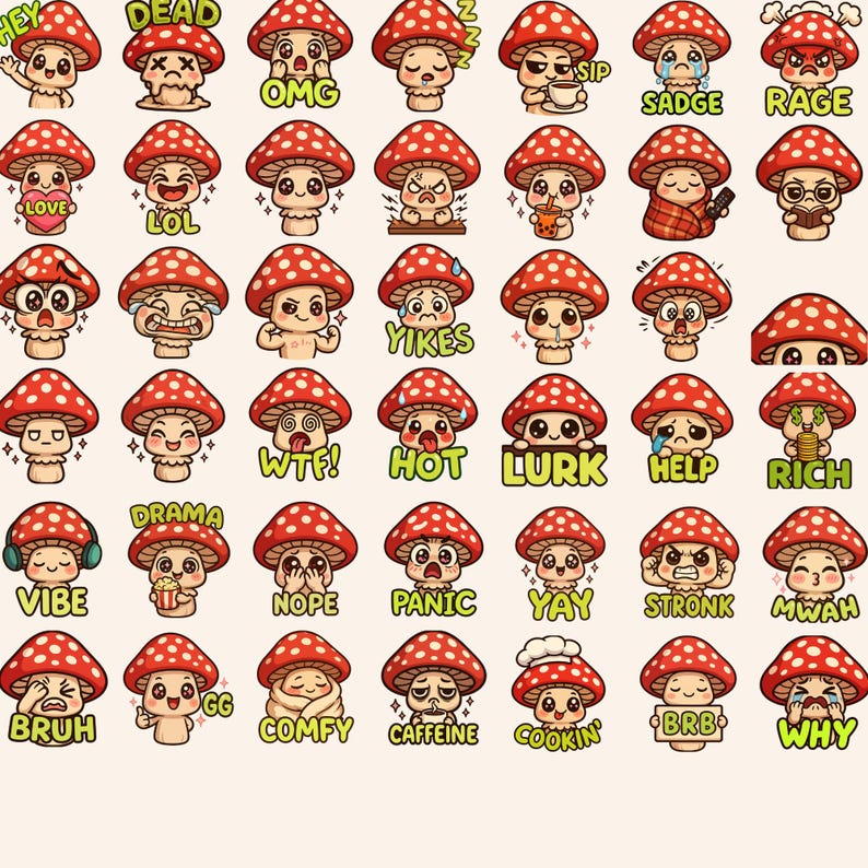 Cute Kawaii Mushroom Emote Bundle Twitch, Youtube, Discord Emotes, Cute ...