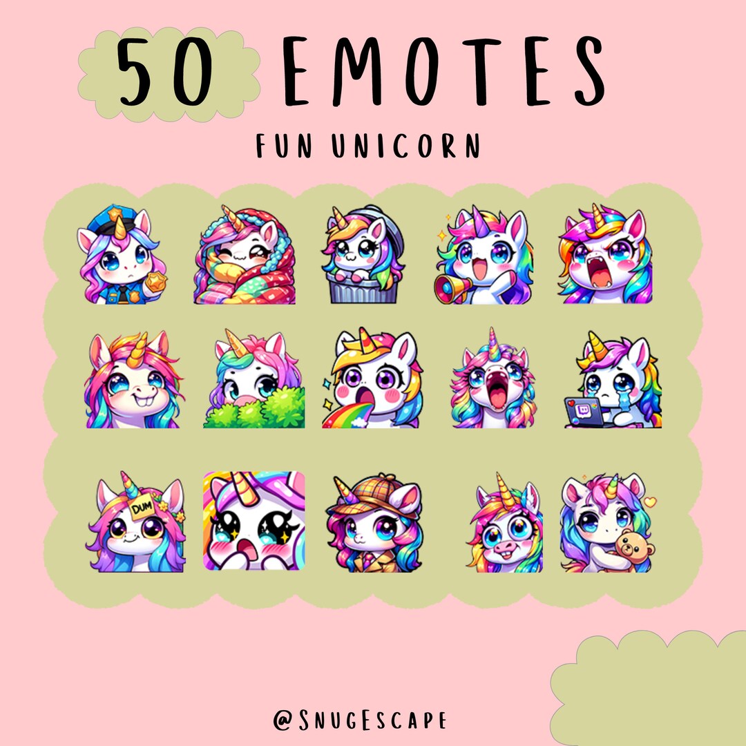 Cute Kawaii Fun Unicorn Emote Bundle Twitch, Youtube, Discord Emotes ...