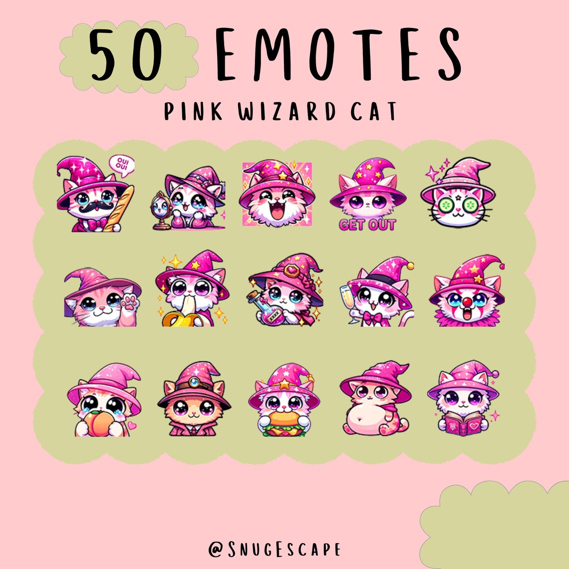 Cute Kawaii Pink Witch Cat Emotes Bundle Twitch Youtube, Discord Emotes ...