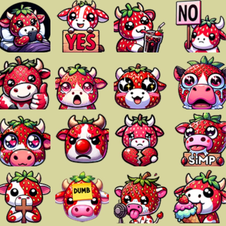 Cute Kawaii Strawberry Cow Bundle Twitch, Youtube, Discord Emotes, Cute ...
