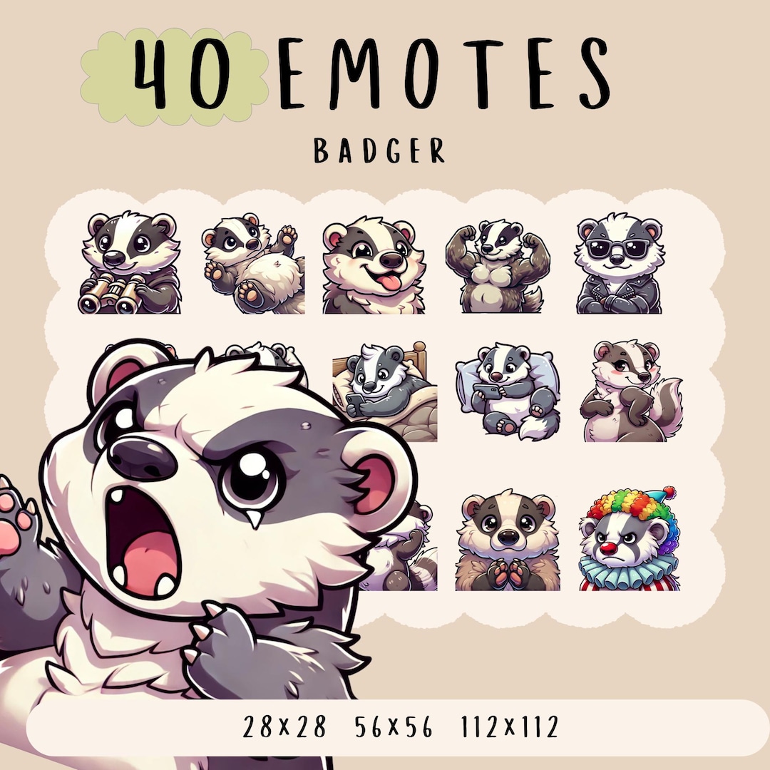 Cute Kawaii Badger Emote Bundle Twitch, Youtube, Discord Emotes, White ...