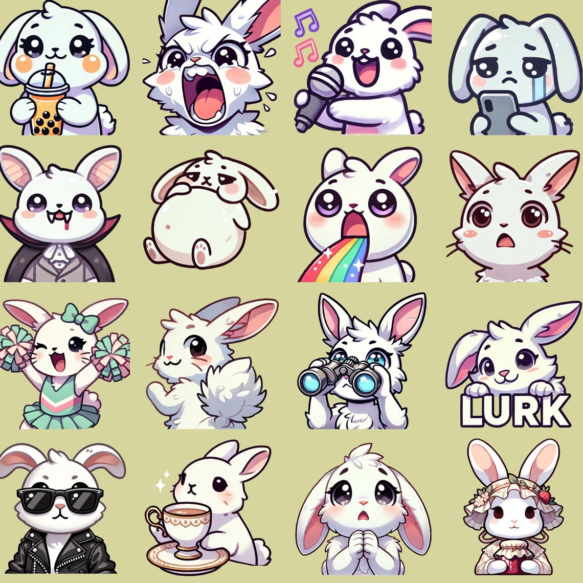 Cute Kawaii Bunny Emote Bundle Twitch, Youtube, Discord Emotes, White ...