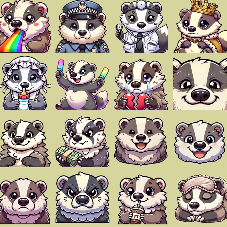 Cute Kawaii Badger Emote Bundle Twitch, Youtube, Discord Emotes, White ...