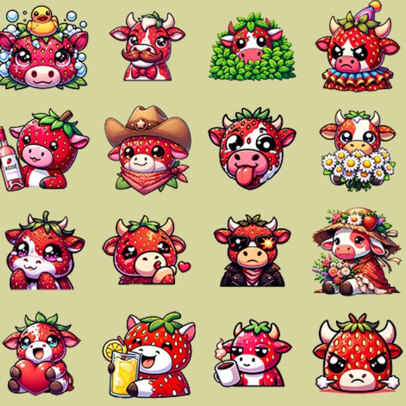 Cute Kawaii Strawberry Cow Bundle Twitch, Youtube, Discord Emotes, Cute ...