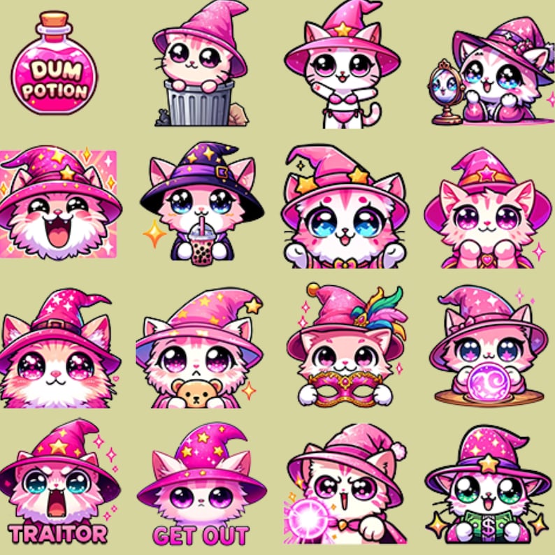 Cute Kawaii Pink Witch Cat Emotes Bundle Twitch Youtube, Discord Emotes ...