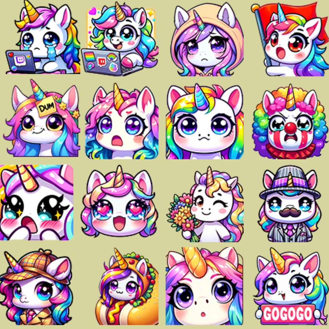 Cute Kawaii Fun Unicorn Emote Bundle Twitch, Youtube, Discord Emotes ...