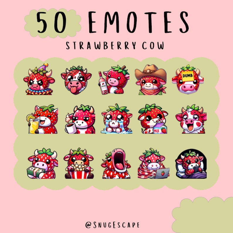 Cute Kawaii Strawberry Cow Bundle Twitch, Youtube, Discord Emotes, Cute ...
