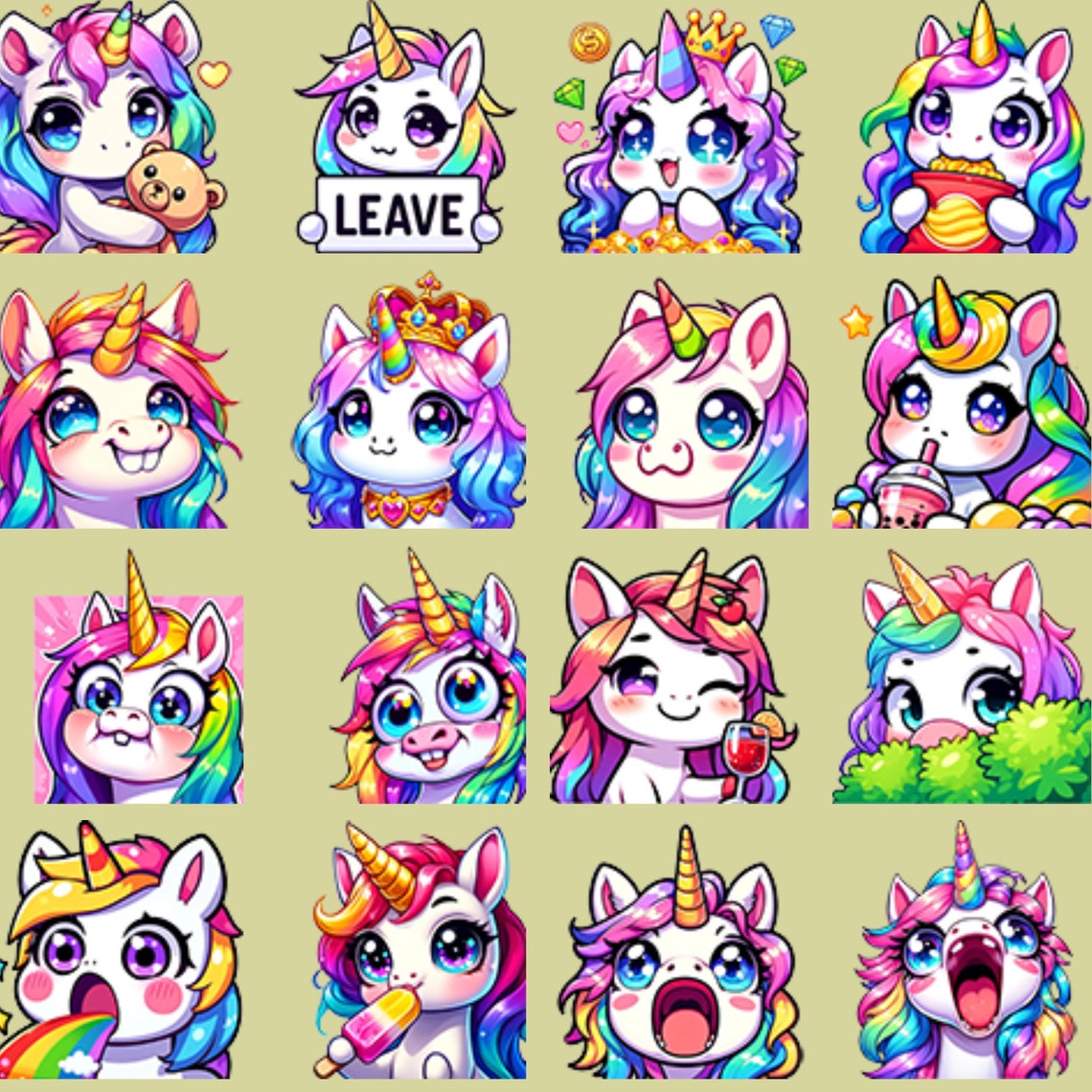 Cute Kawaii Fun Unicorn Emote Bundle Twitch, Youtube, Discord Emotes ...