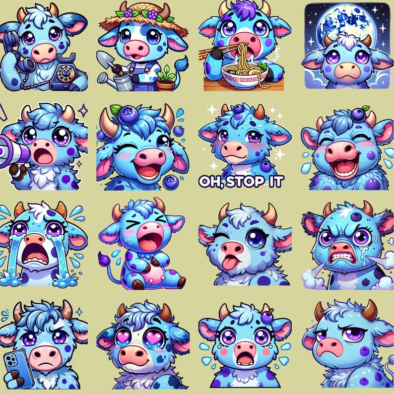 Cute Blueberry Cow Emote Bundle Twitch, Youtube, Discord Emotes, Cute ...
