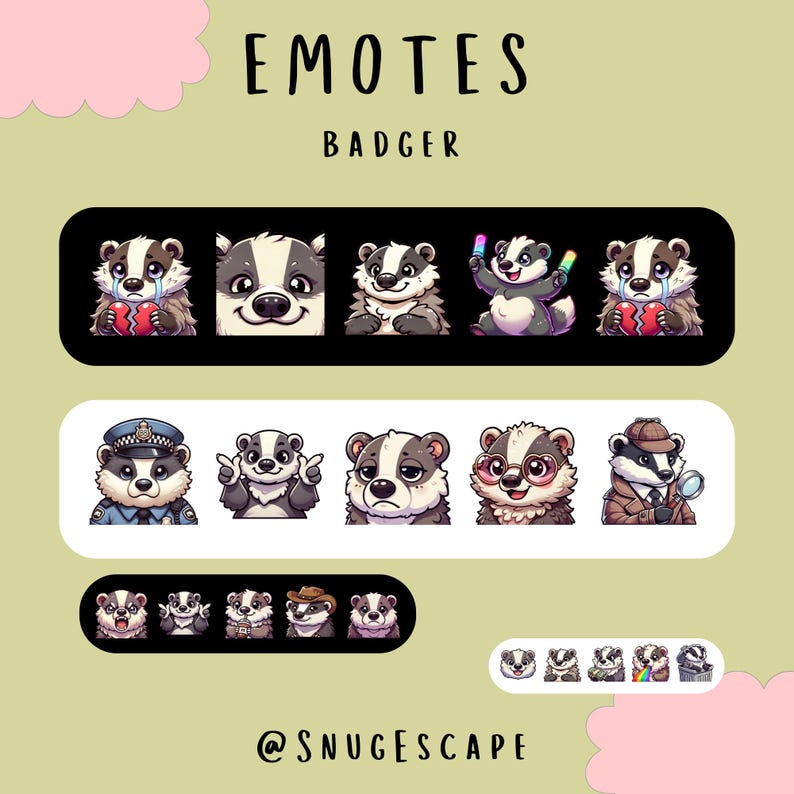 Cute Kawaii Badger Emote Bundle Twitch, Youtube, Discord Emotes, White ...