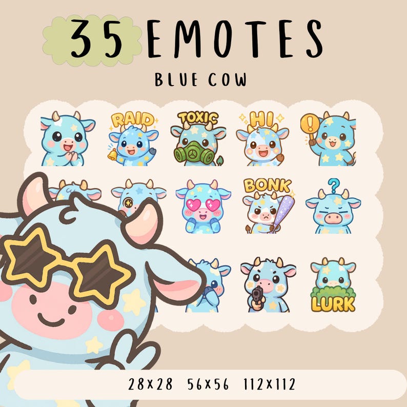 Cute Kawaii Baby Blue Cow Emote Bundle Twitch, Youtube, Discord Emotes ...