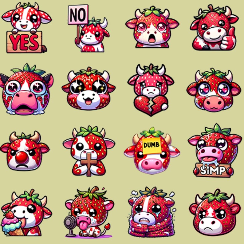 Cute Kawaii Strawberry Cow Bundle Twitch, Youtube, Discord Emotes, Cute ...