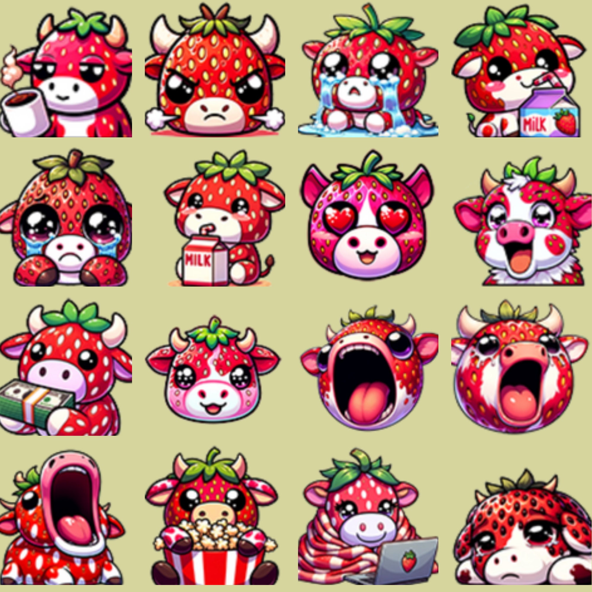 Cute Kawaii Strawberry Cow Bundle Twitch, Youtube, Discord Emotes, Cute ...