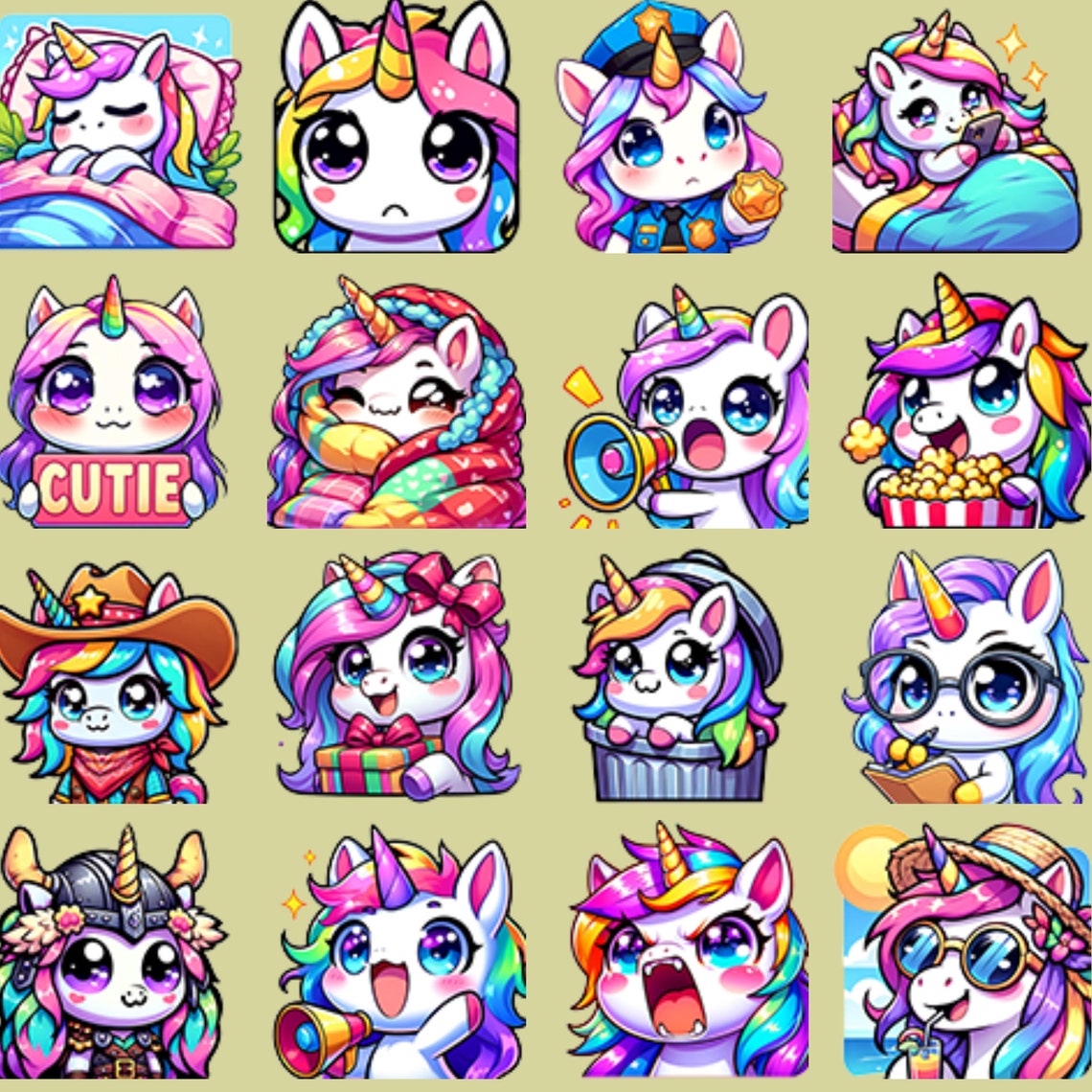 Cute Kawaii Fun Unicorn Emote Bundle Twitch, Youtube, Discord Emotes ...