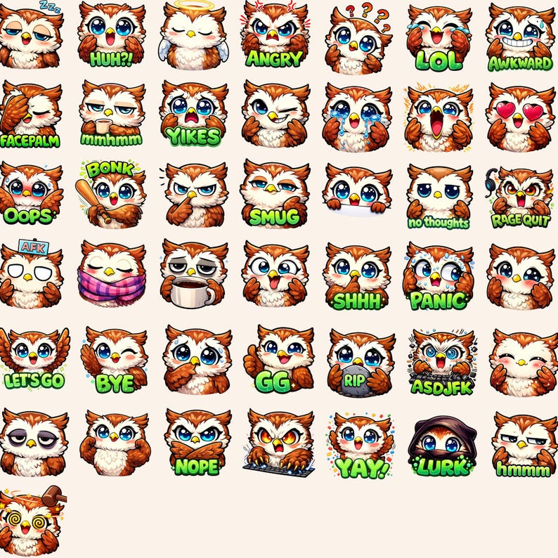 Cute Kawaii Owl Emote Bundle Twitch, Youtube, Discord Emotes, Cute Owl ...