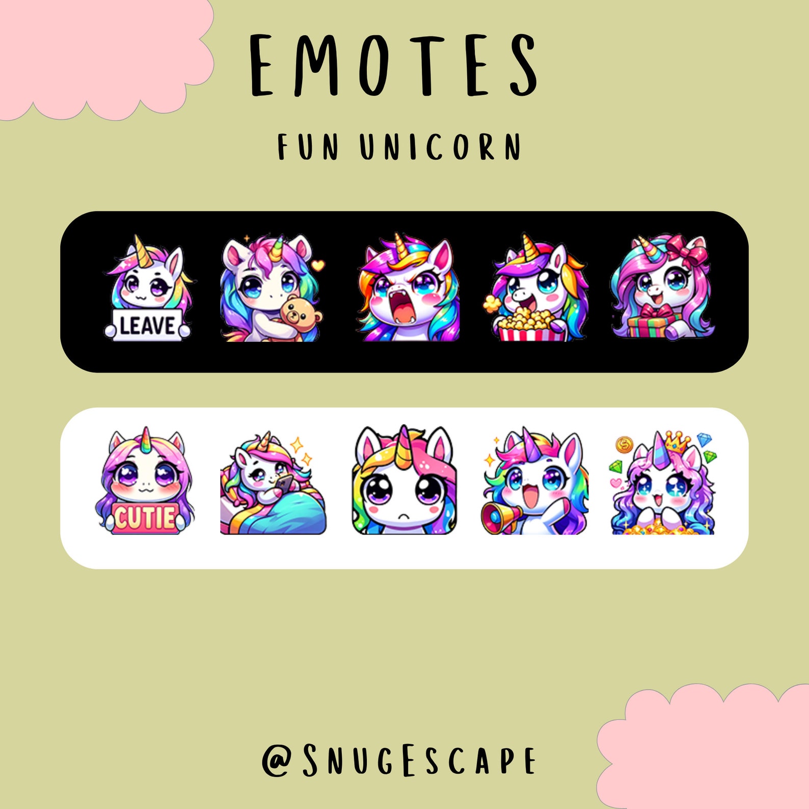 Cute Kawaii Fun Unicorn Emote Bundle Twitch, Youtube, Discord Emotes ...