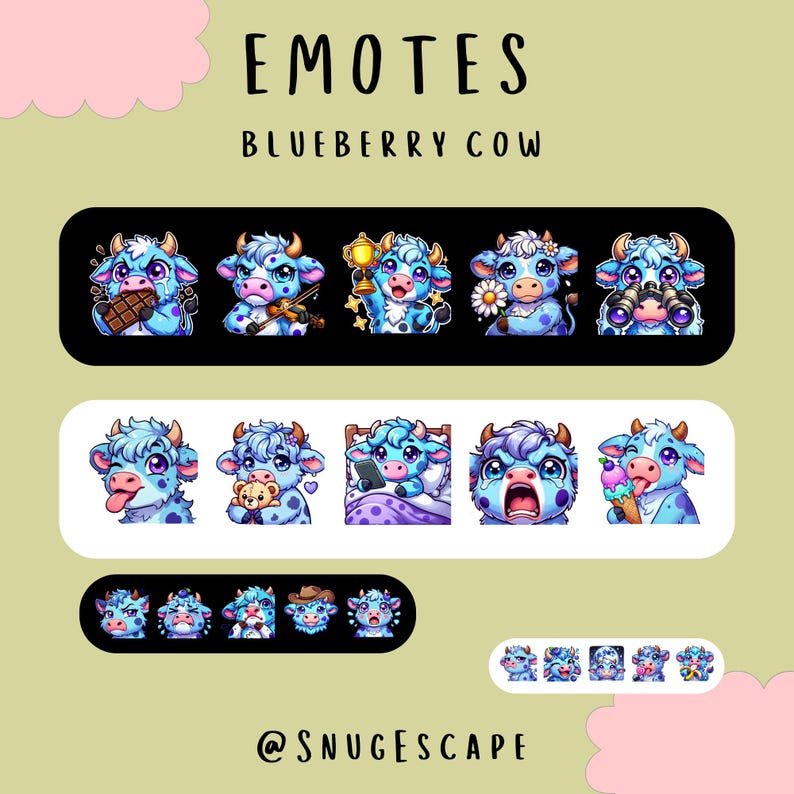 Cute Blueberry Cow Emote Bundle Twitch, Youtube, Discord Emotes, Cute ...