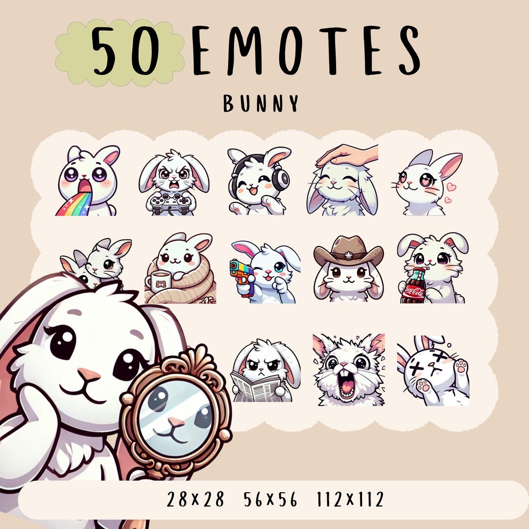 Cute Kawaii Bunny Emote Bundle Twitch, Youtube, Discord Emotes, White ...
