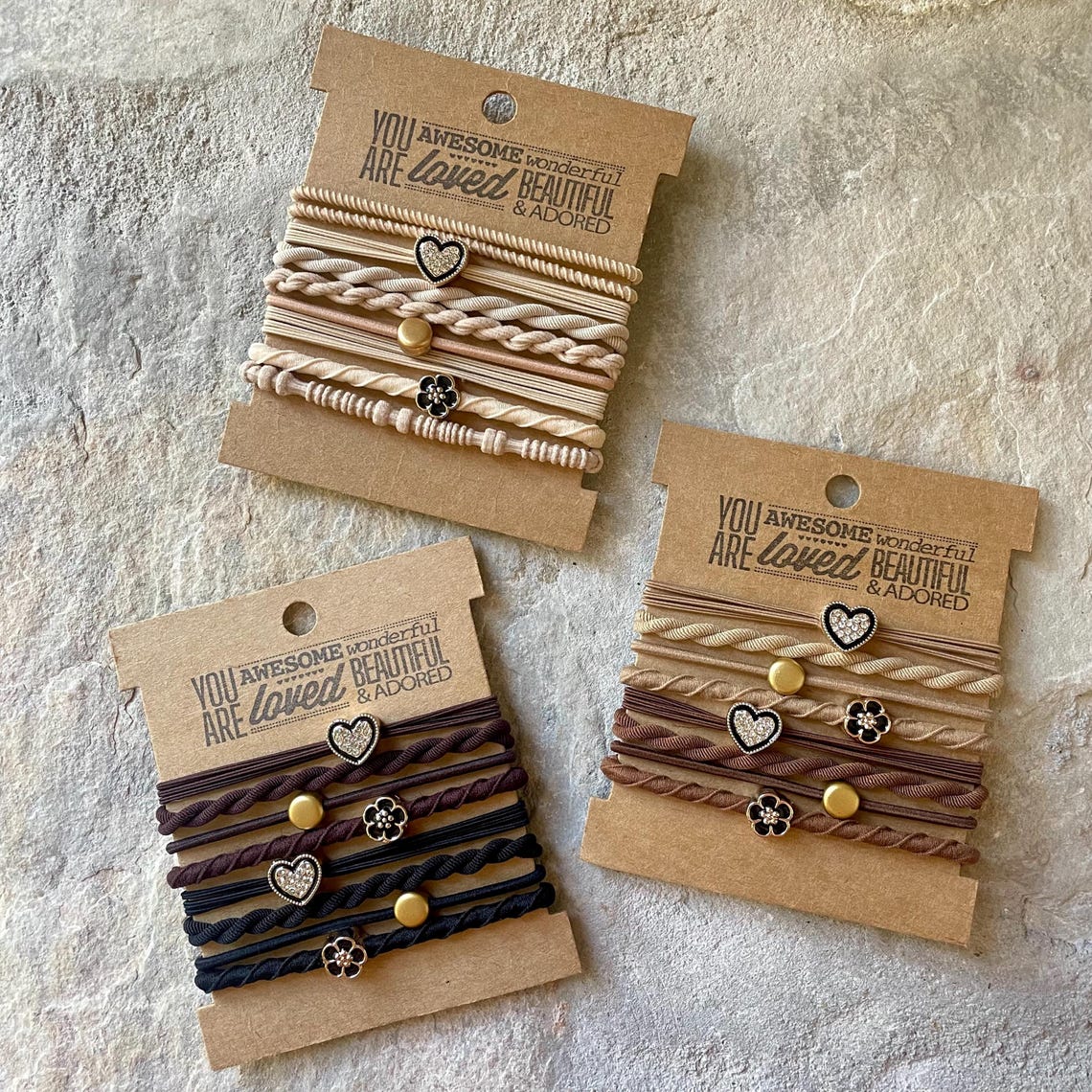 Charm Hair Tie Bracelets on Kraft Card, Boho Hair Tie Bracelets ...