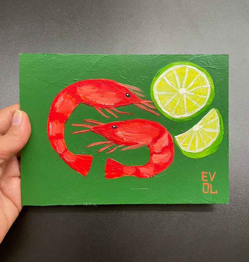 Original Shrimp Painting Seafood Kitchen Shelf Art Slice Lemon Culinary ...