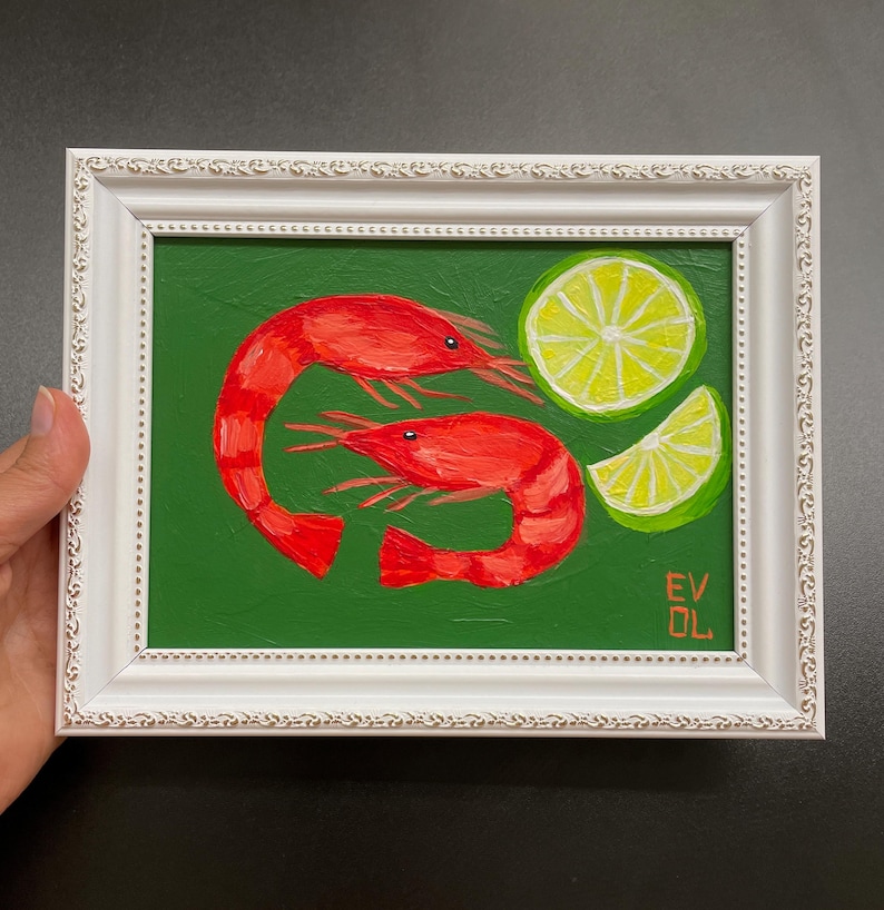 Original Shrimp Painting Seafood Kitchen Shelf Art Slice Lemon Culinary ...
