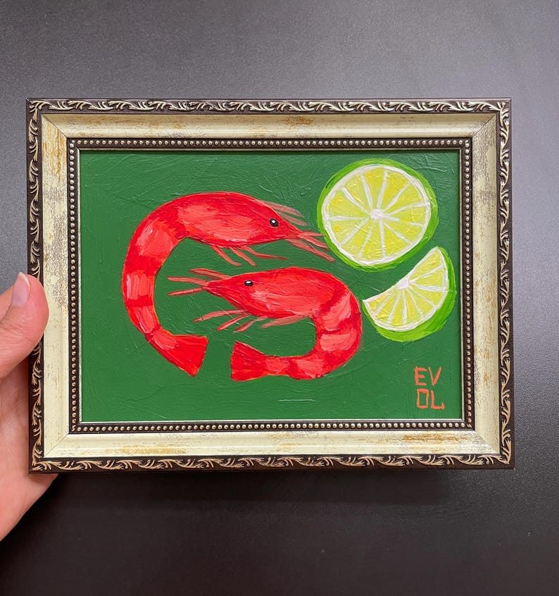 Original Shrimp Painting Seafood Kitchen Shelf Art Slice Lemon Culinary ...