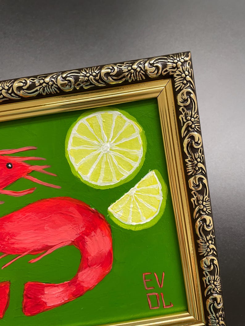 Original Shrimp Painting Seafood Kitchen Shelf Art Slice Lemon Culinary ...