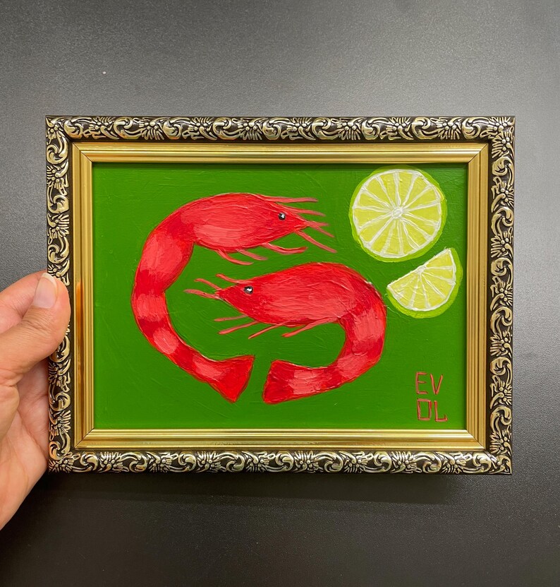 Original Shrimp Painting Seafood Kitchen Shelf Art Slice Lemon Culinary ...