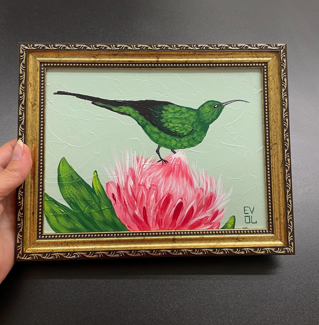 Original Hummingbird Painting Colibri Artwork Songbird Painting Protea ...