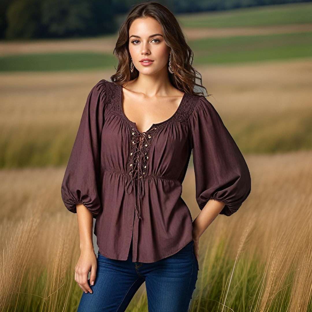 Women Brown Renaissance Shirt | Cool Pirate Lace up Blouse | Dressy ...
