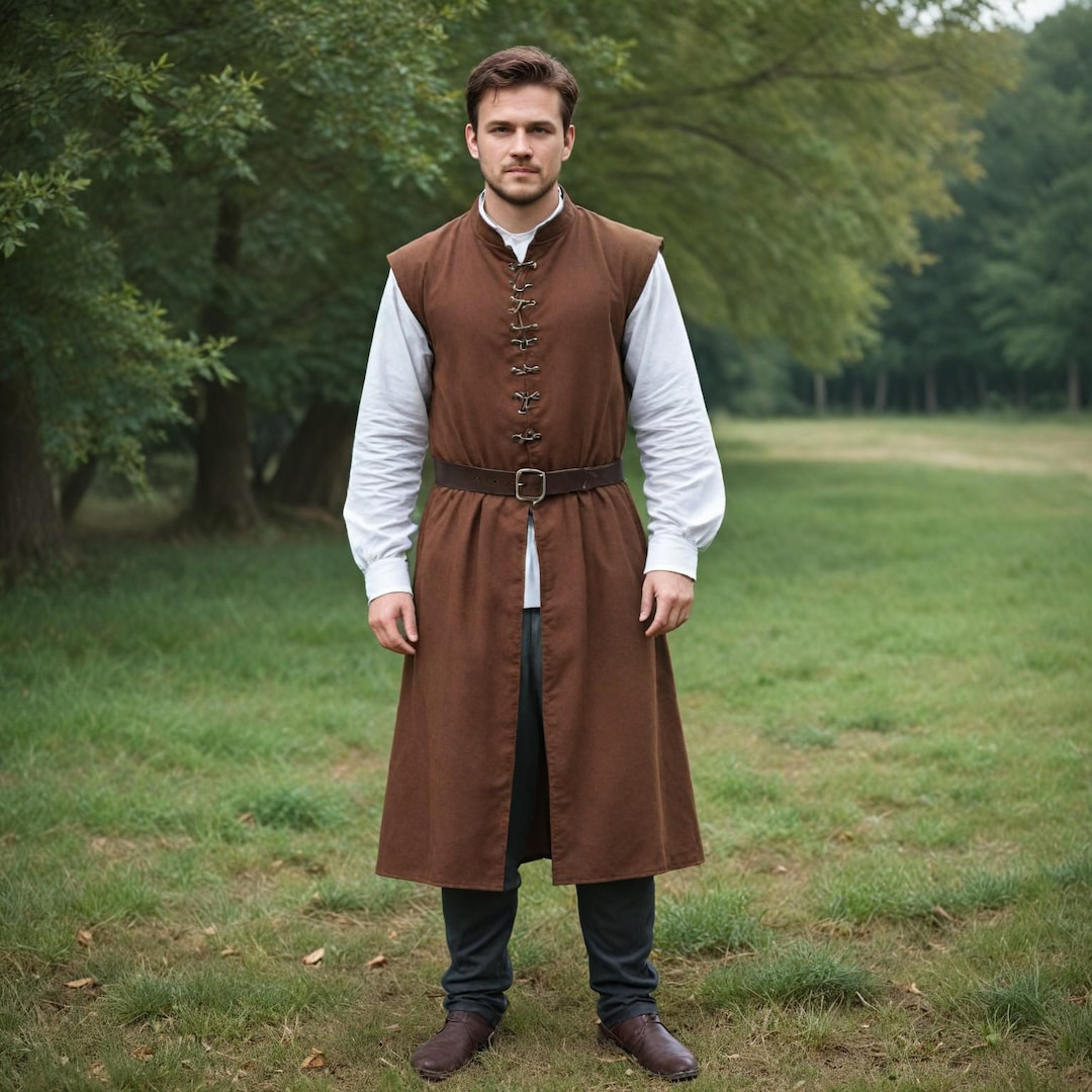 Men's Brown Sleeveless Medieval Long Vest | Renaissance Faire Costume ...