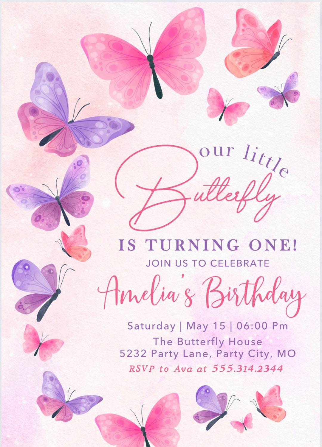 Pink Butterfly Birthday Invite Template 1st Birthday Invite Floral ...