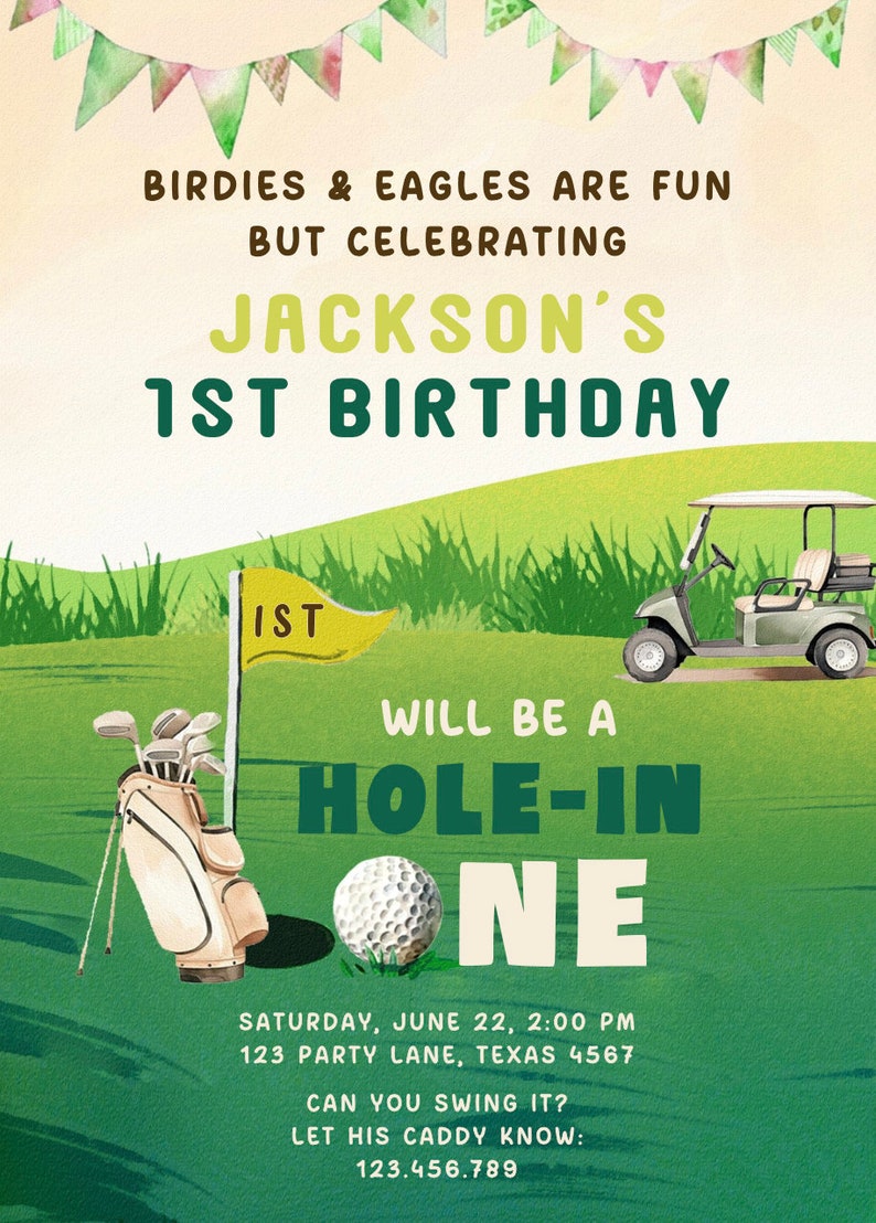 First Birthday Golf Invite Template Editable Hole in One Birthday Evite ...