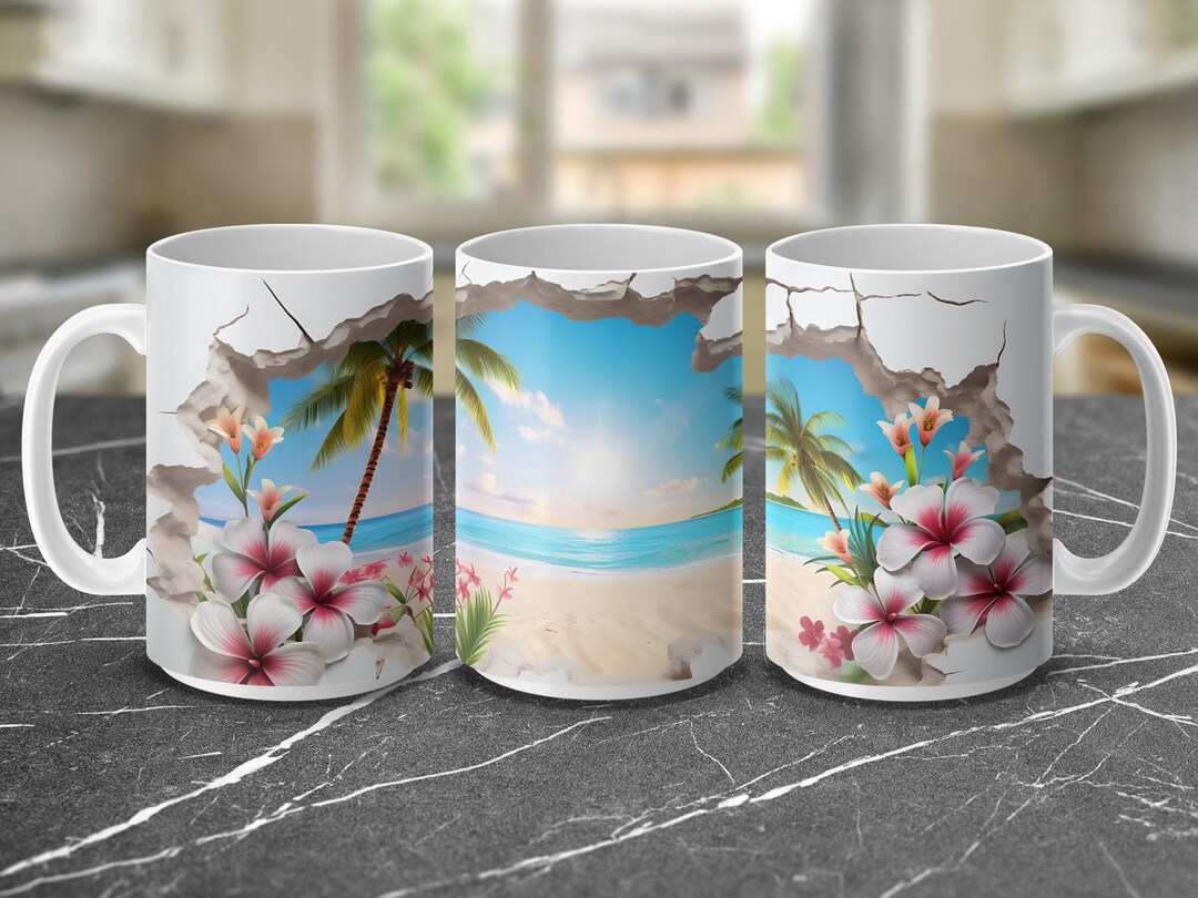 Tropical Beach Paradise Mug, Ocean View Coffee Cup, Floral Palm Tree ...