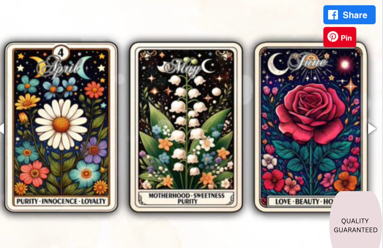 Birth Month Flower Tarot Card Clipart Printable 12 Flowers Floral Tarot ...