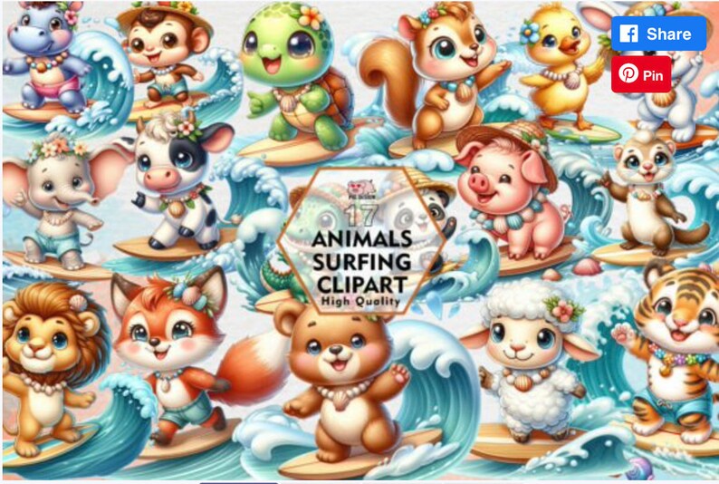 Animals Surfing Sublimation Clipart PNG Watercolor Animals Surfing ...