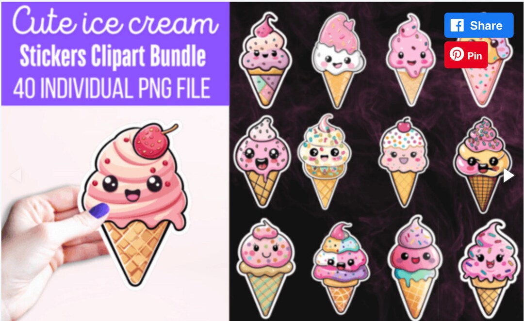 Cute Ice Cream Stickers Clipart Bundle Ice Cream Stickers PNG Ice Cream ...