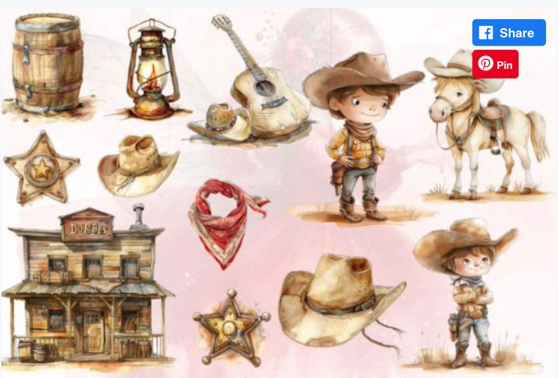Watercolor Cowboy Clipart PNG Bundle Watercolor Little Cowboy Clipart ...