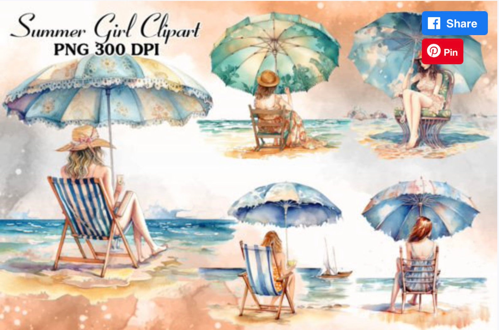 Retro Summer Girl Watercolor Clipart Cute Summer Girl Clip Arts Girl ...