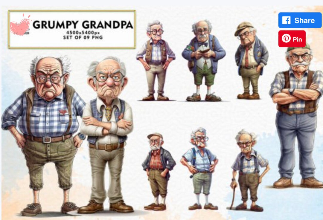 Grumpy Grandpa Sublimation Clipart Watercolor Funny Old Man Clipart ...