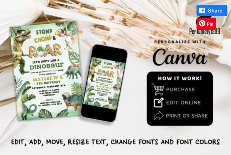 Dinosaur Birthday Invite Template Canva Editable Dinosaur Birthday ...