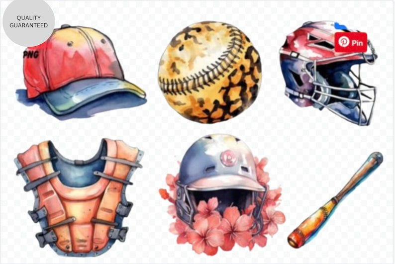 Softball Equipment Clipart PNG Graphics WATERCOLOR CLIPART, Softball ...